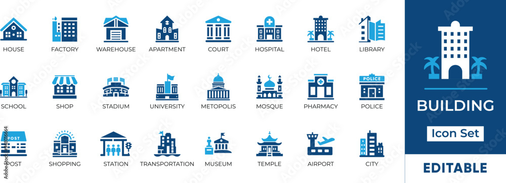 Building Icon Set featuring various structures and landmarks. Ideal for ...