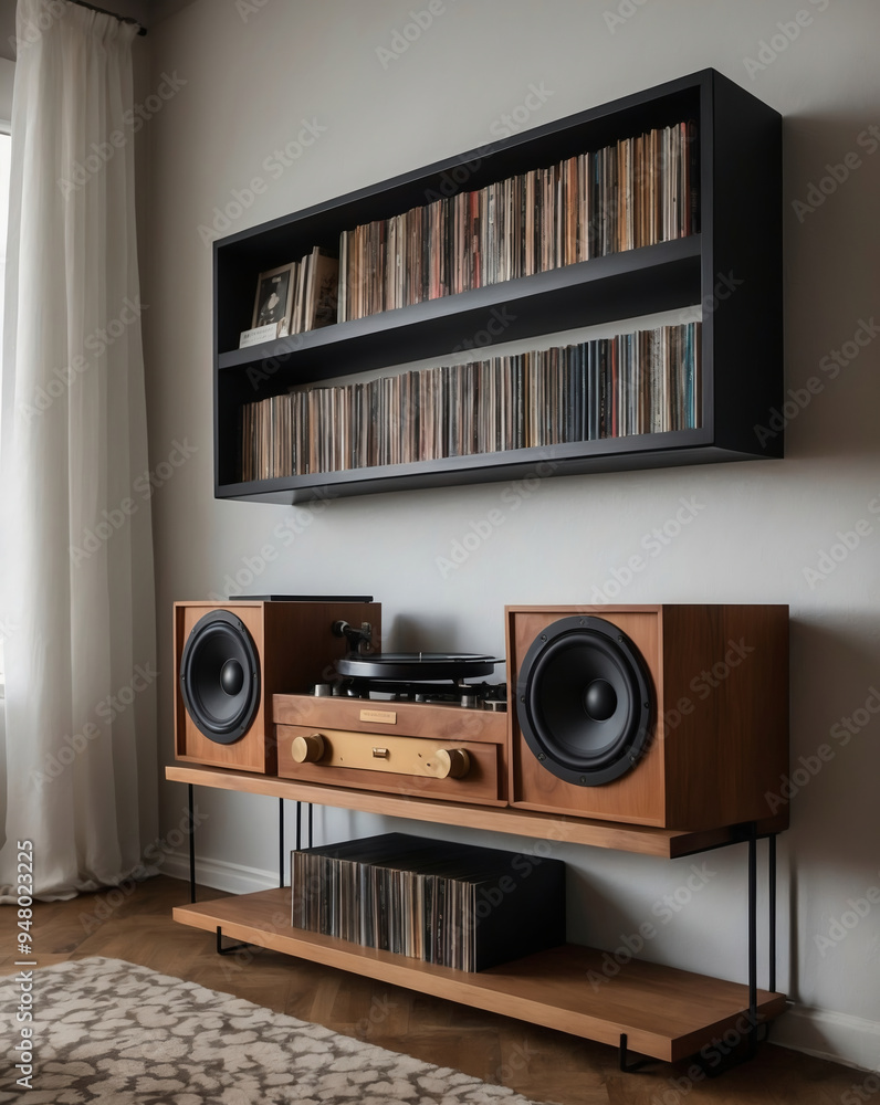 Minimalist Home Audio Setup with Wooden Stereo System and Vinyl Record ...
