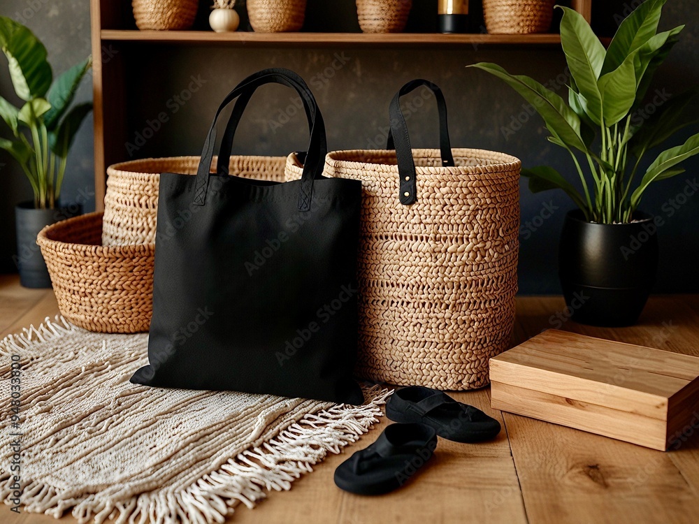 Black cotton canvas tote bag mockup, rattan containers, boho themed ...