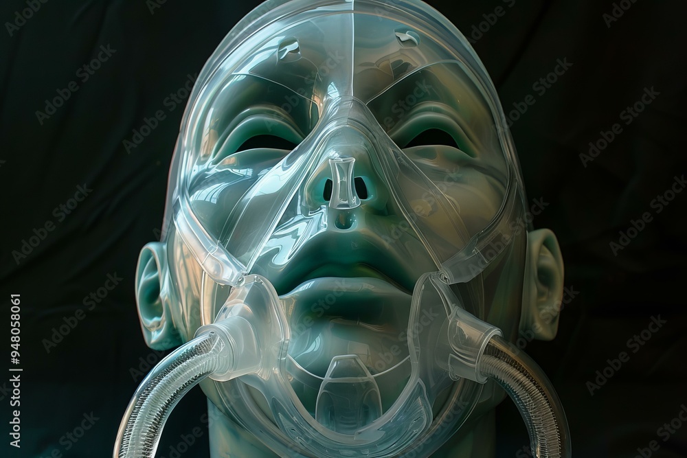 Medical mannequin head is wearing a full face cpap mask used to treat ...