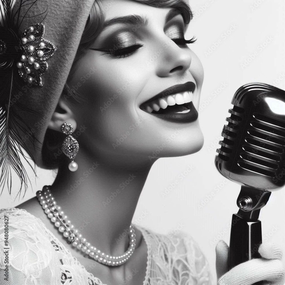 Avant Garde sophisticated 1920s happy lady side profile holding up a ...