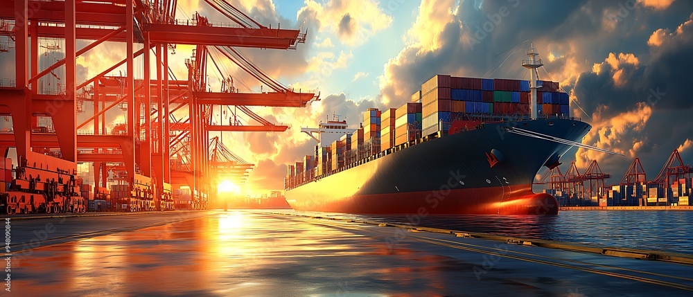 Bustling port scene with cargo ship and towering cranes at sunset ...