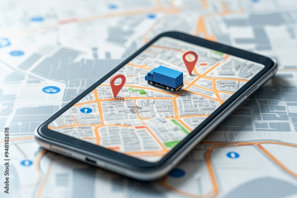 A smartphone displaying a GPS map with a delivery truck and location ...
