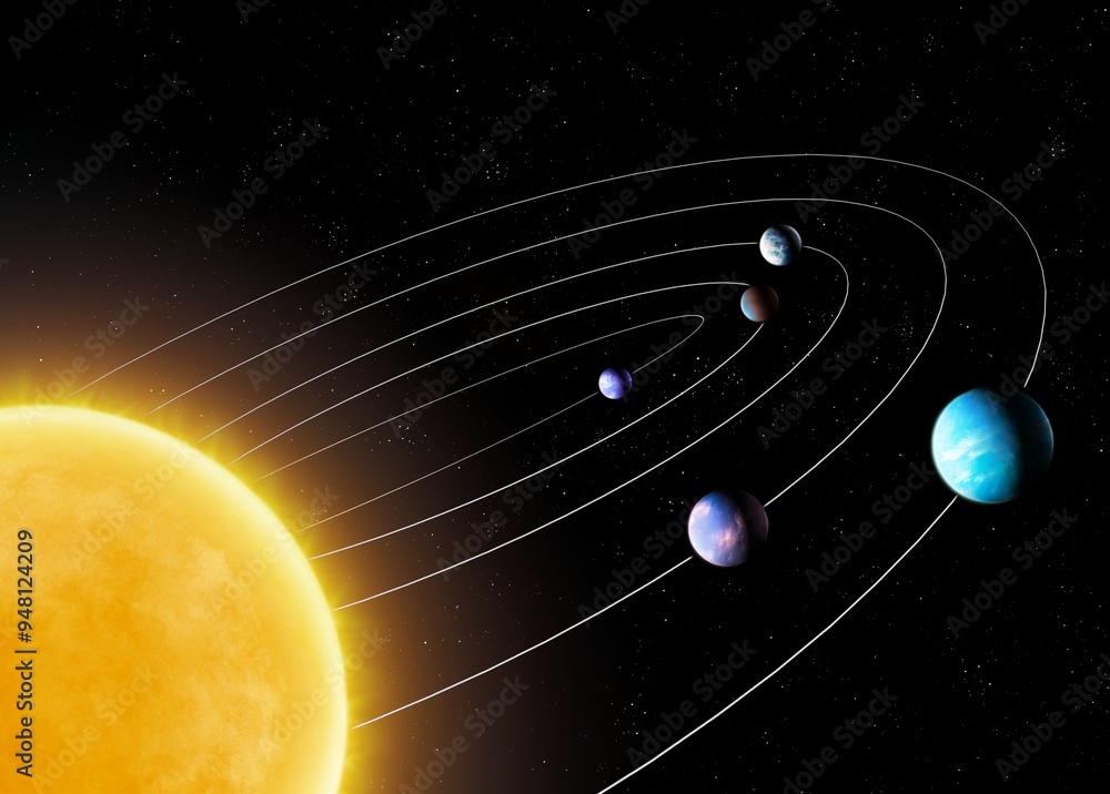 Model of an extrasolar star system with five planets. Orbits of ...