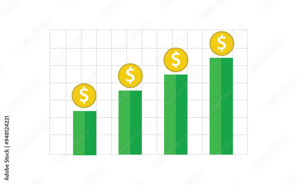 Dollar coins bills on a bar graph. increase chart with dollar coins ...