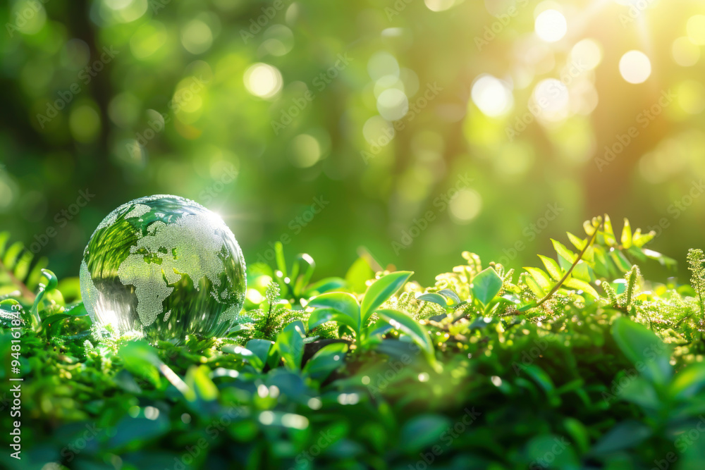 Green ball decorated with natural elements. Leaves, water drops and ...