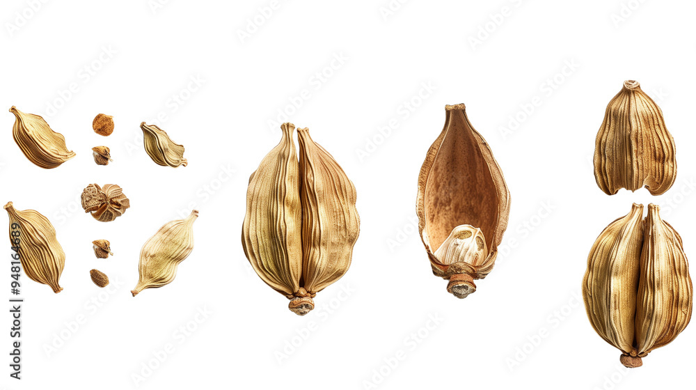 Various stages of cardamom pods from whole to cracked open isolated on ...