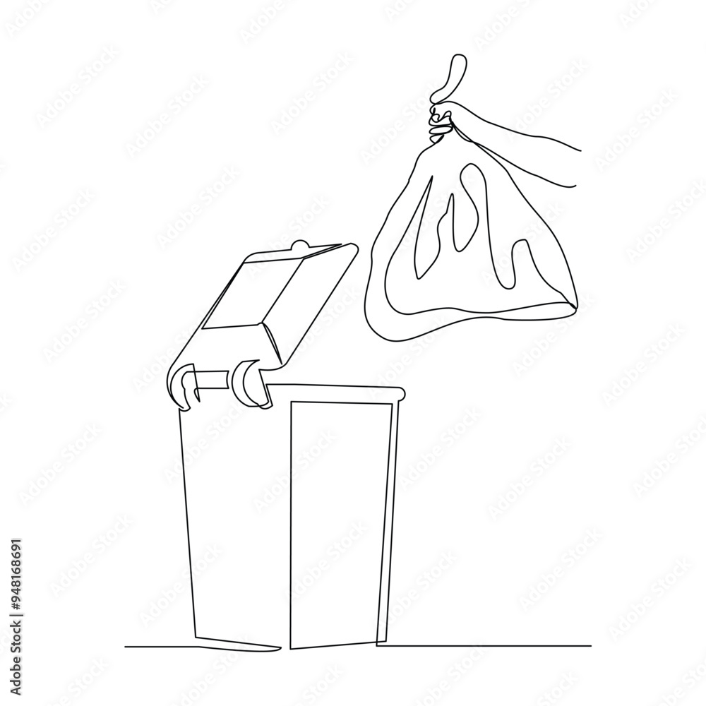 Continuous single line sketch drawing of hand throwing garbage into ...