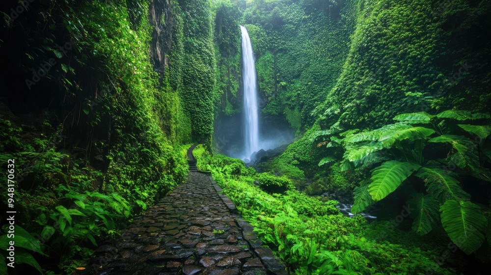 Lush green jungle path leading to a hidden waterfall in Bali, Indonesia ...