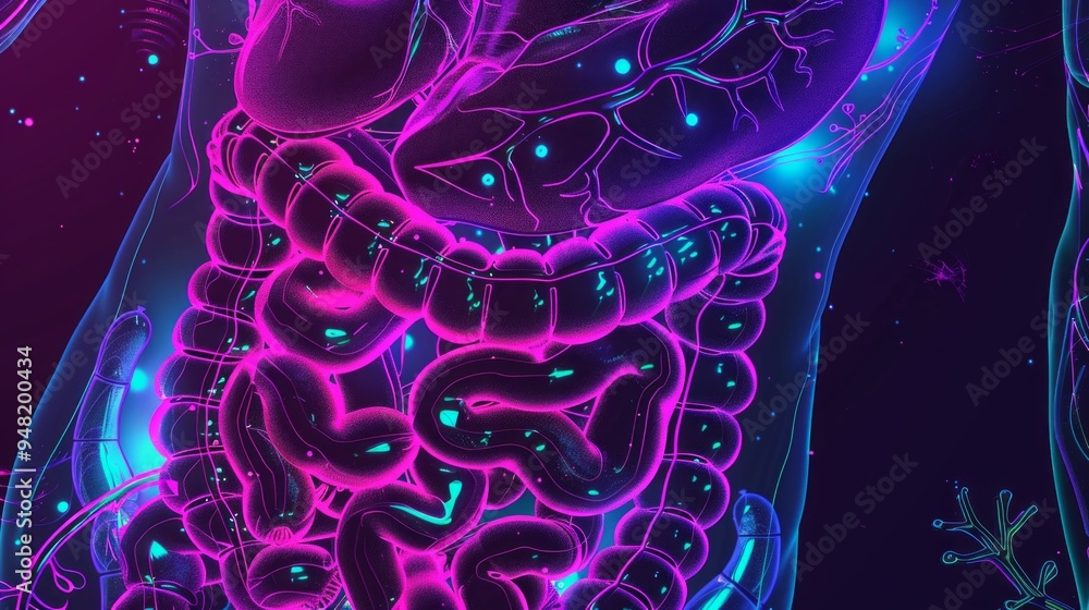 3D image shows detailed human intestines on a black backdrop. Large ...