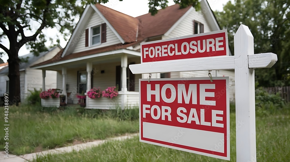 foreclosure home for sale sign in front of a house with a yard and ...