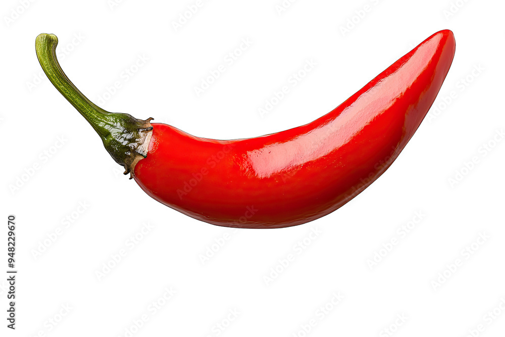 A vibrant red chili pepper, showcasing its glossy surface and curved ...