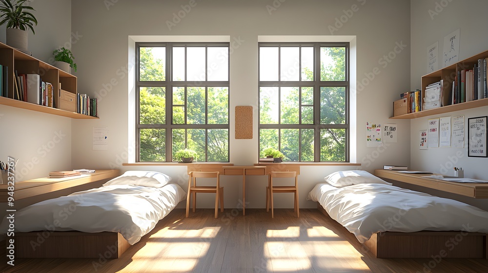Bright modern college dorm room, twin beds with crisp white linens ...