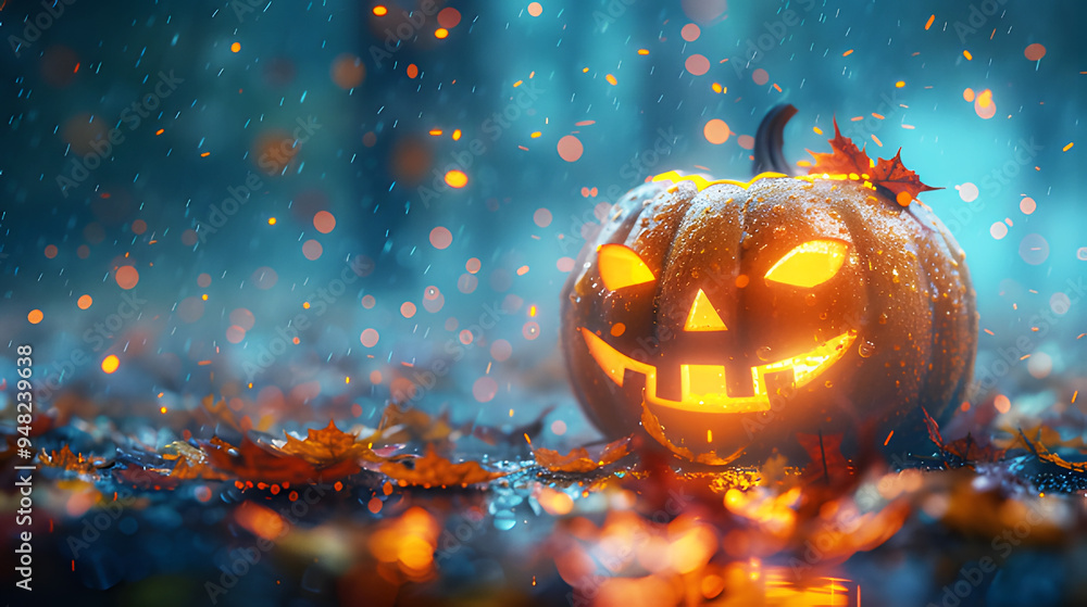 Halloween background with spooky pumpkin in rain jack-o-lanterns at ...