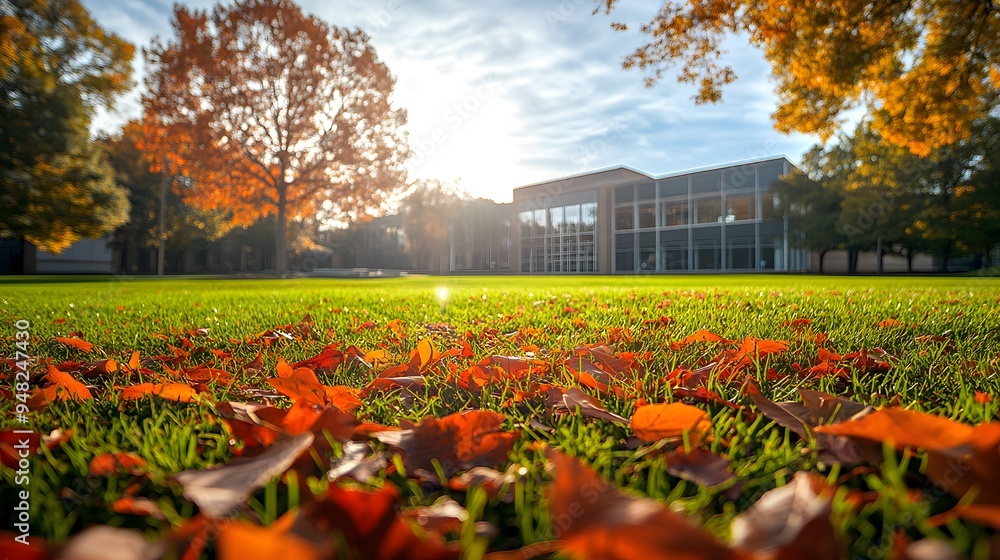Lush green campus lawn, empty and serene, golden hour sunlight, long ...