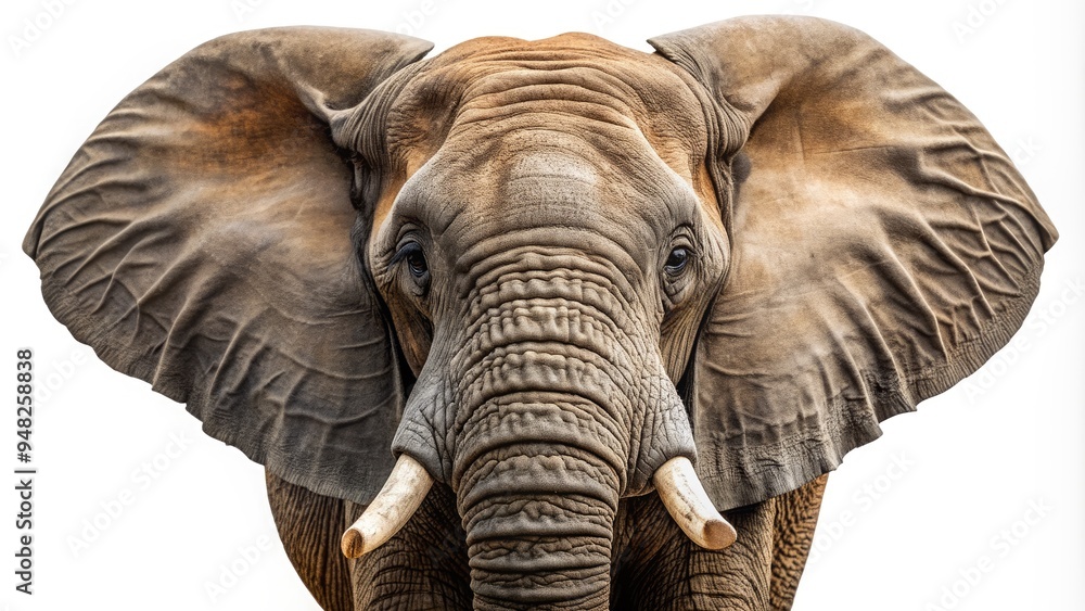 Majestic African elephant with wrinkled gray skin and tusks, facing ...