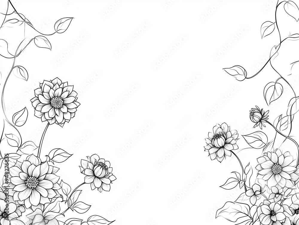Simple line art floral border design with flowers and vines on a white ...