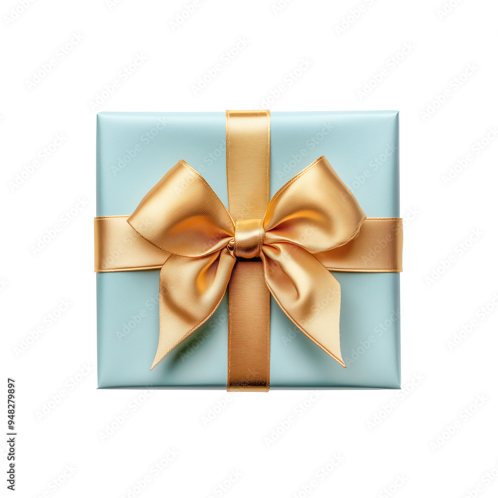 Light blue gift box with golden ribbon and bow isolated on transparent ...