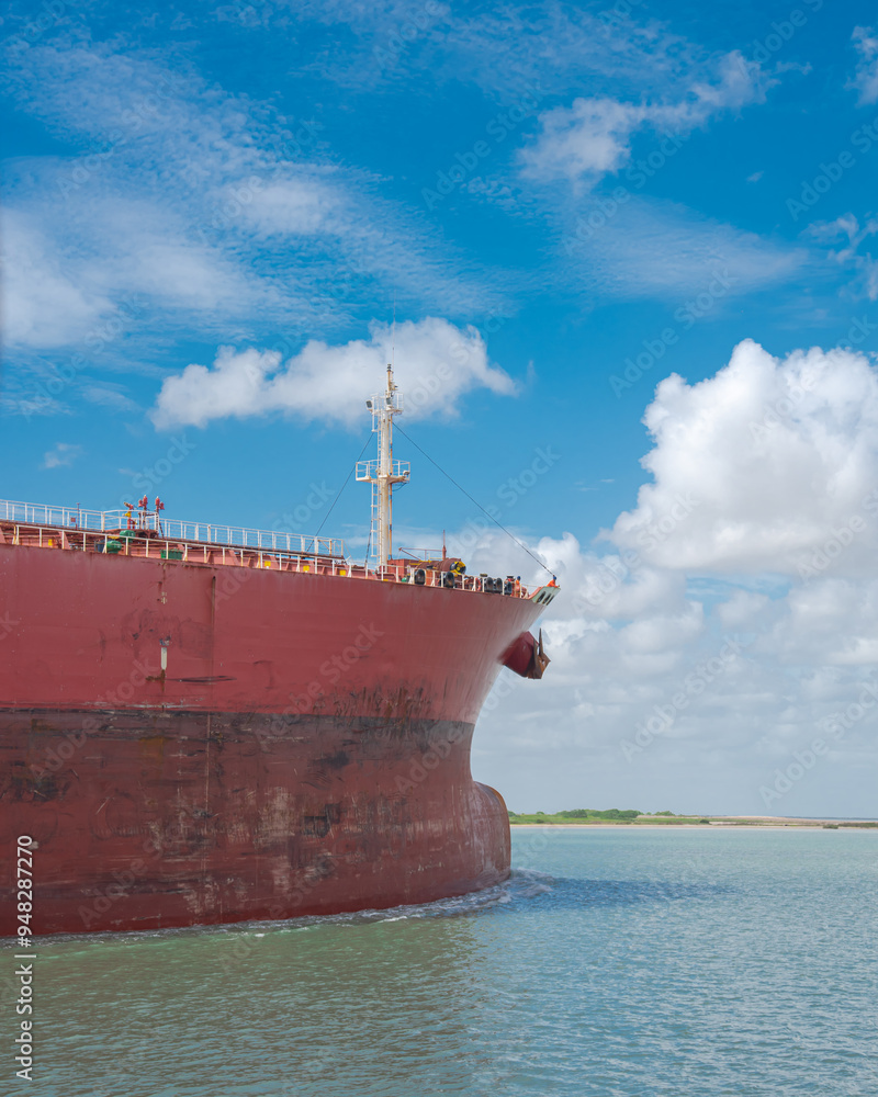 Front part bow of large ship oil tanker with VHF radio frequencies ...