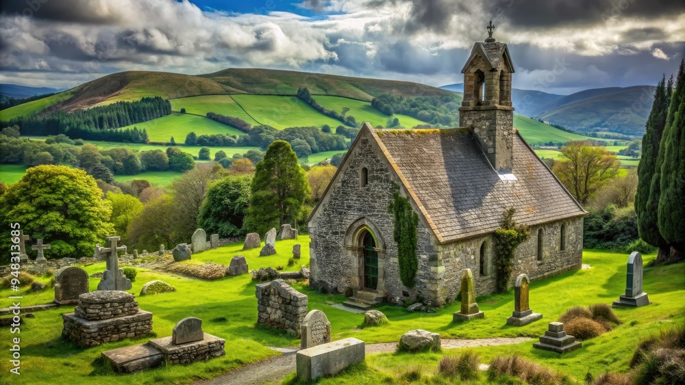 Ancient stone church with moss-covered walls and Celtic crosses stands ...