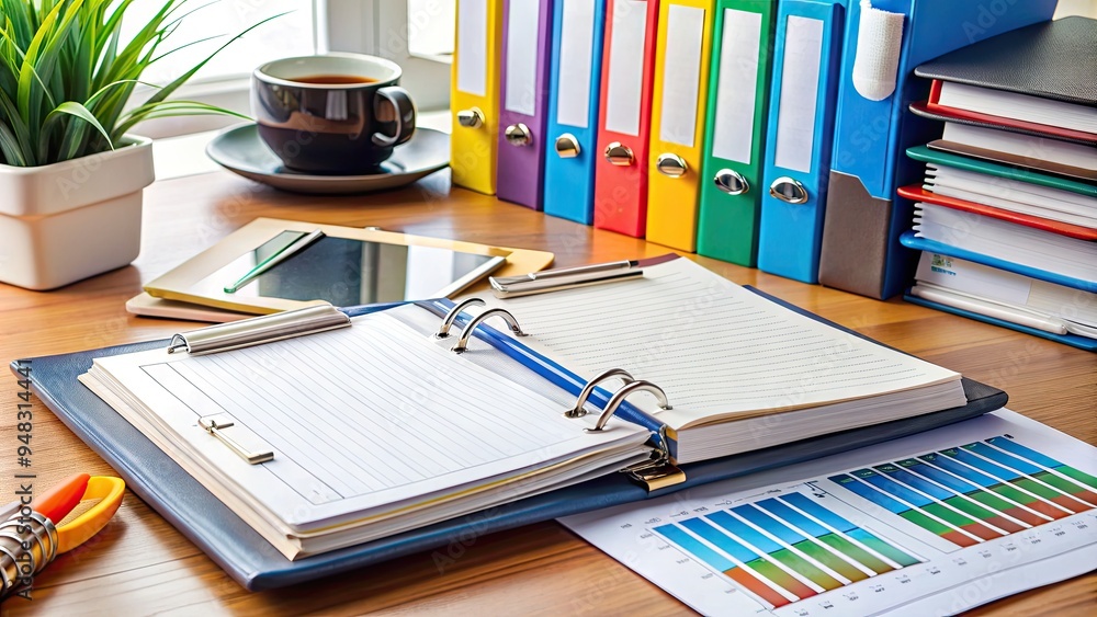 A neatly organized binder lies open on a desk, showcasing a detailed ...