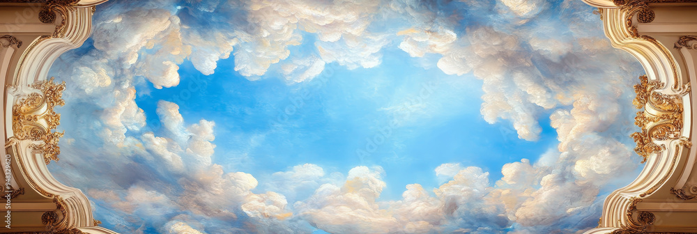 A painted ceiling mural in the Baroque style, depicting a blue sky with ...