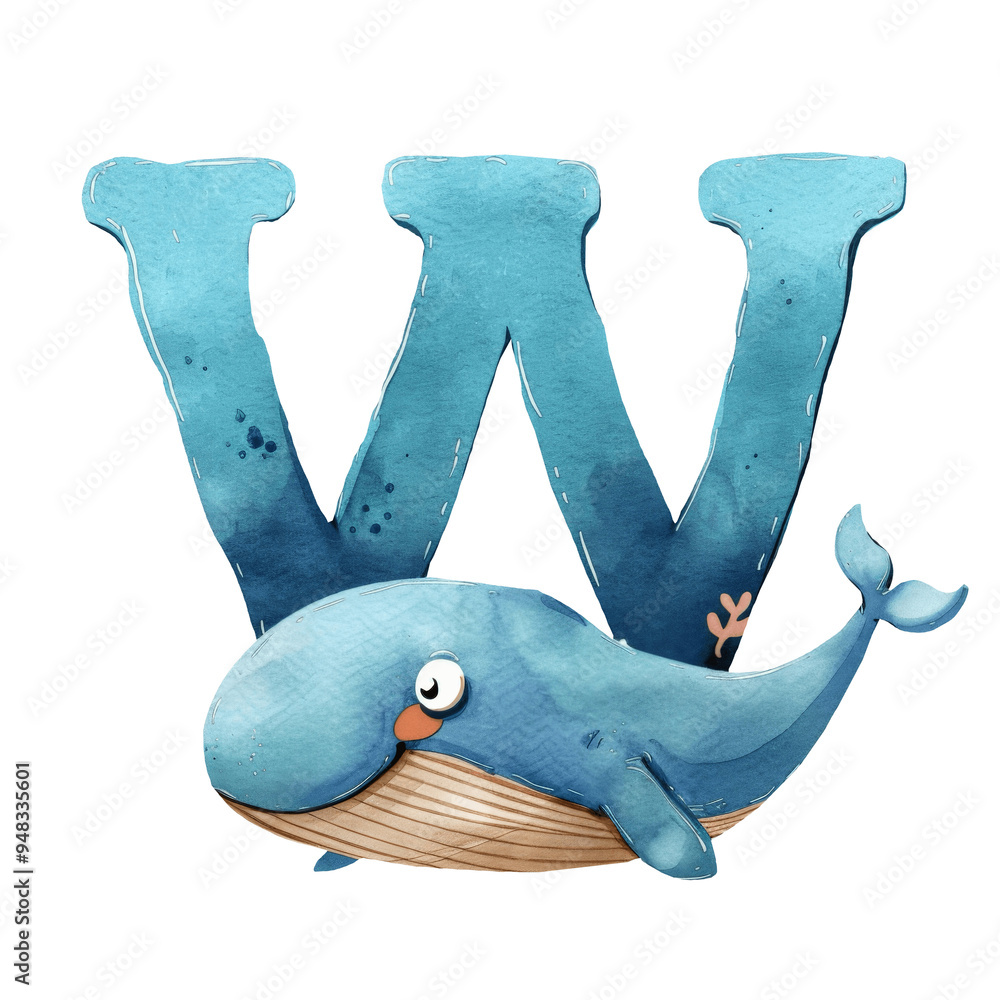 Alphabet letter W for cute whale on png transparent background. A ...