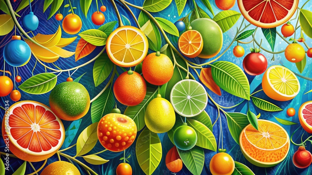Bright and colorful illustration of citrus fruits like oranges, lemons ...