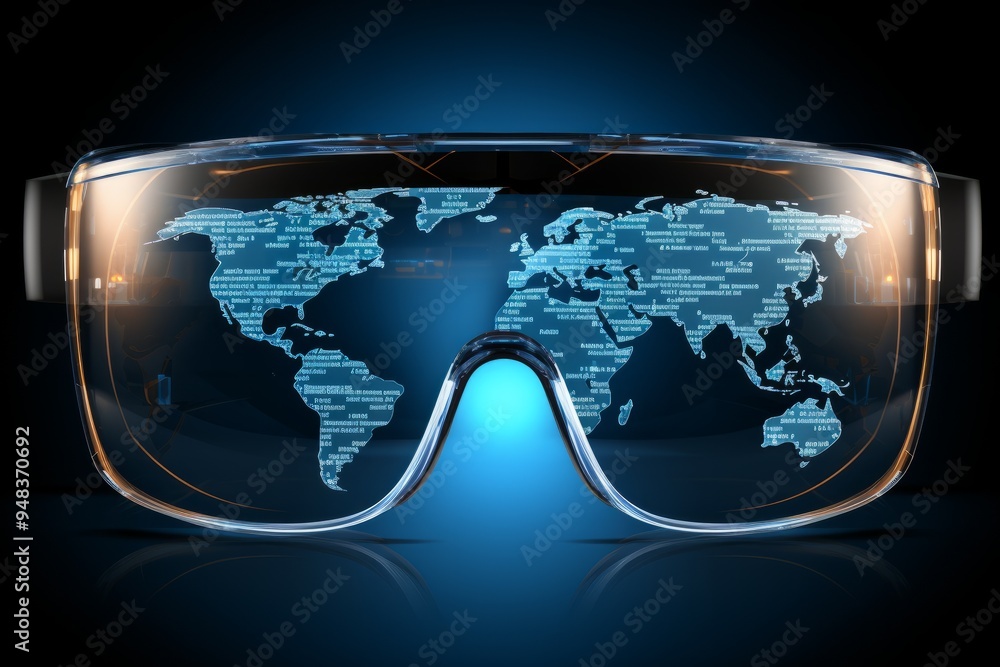 Augmented reality glasses displaying a digital world map with data ...
