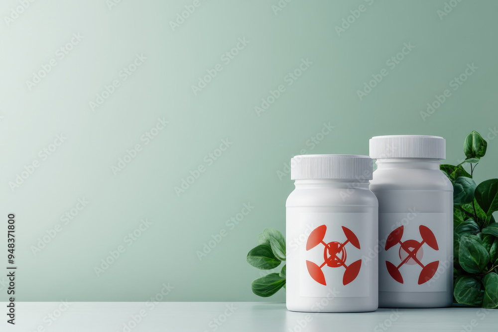 Toxic Substance Containers, two white bottles with red hazard symbols ...