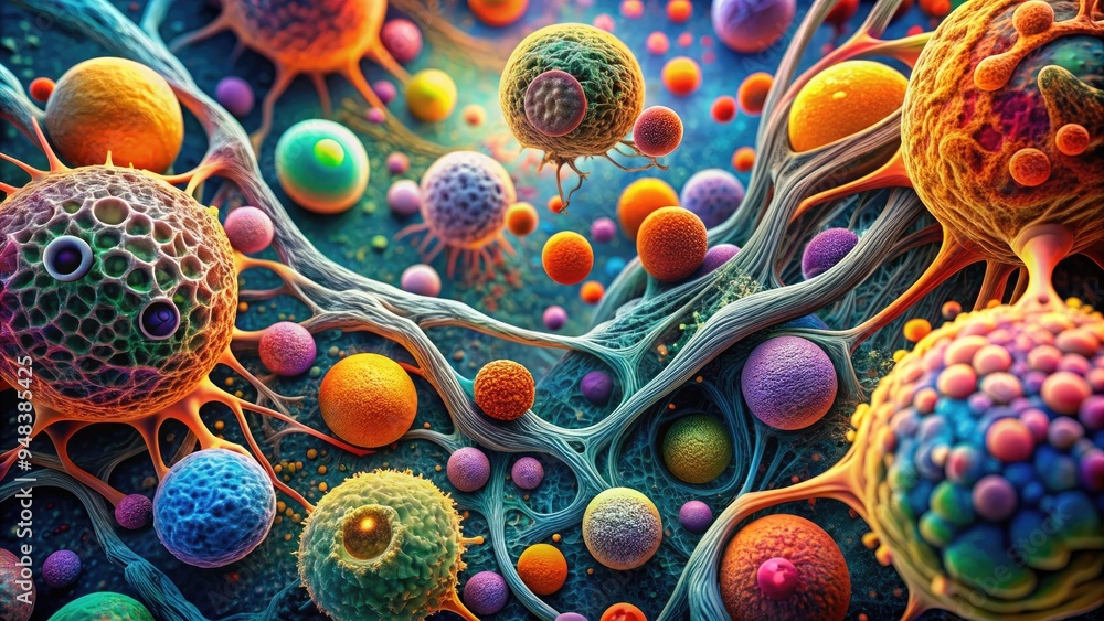 Colorful microscopic image of human tissue cells, showcasing intricate ...