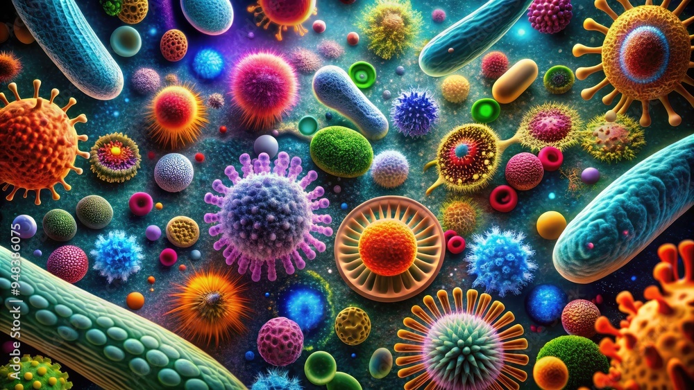 Colorful microscopic image of various life forms, including bacteria ...