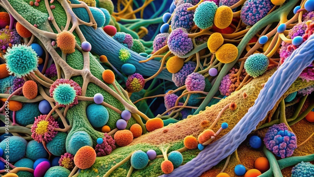 Colorful scanning electron micrograph of a microbial structure ...