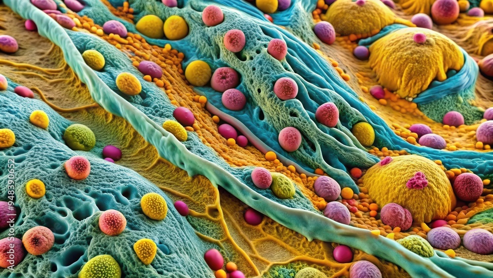 Colorful scanning electron micrograph of human skin cells, showcasing ...