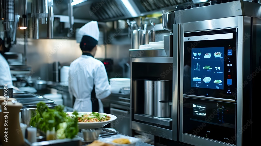 A modern restaurant kitchen equipped with innovative IoT devices and ...