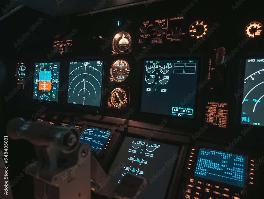 Cockpit view of an airplane during a night-time flight with illuminated ...