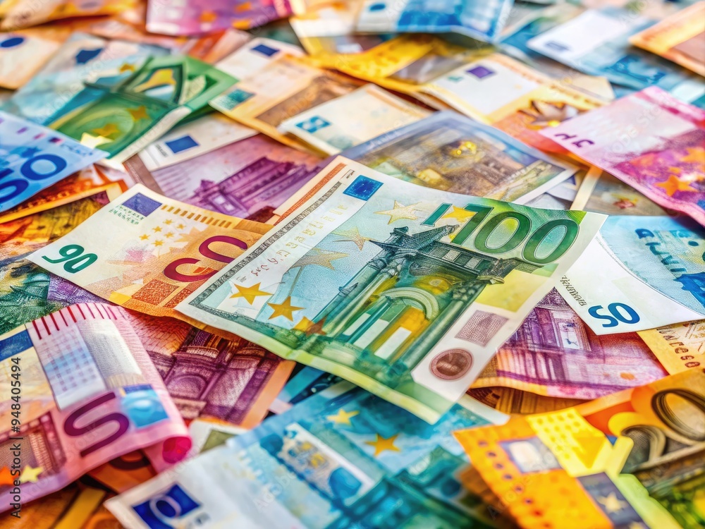 Crinkled and folded Euro banknotes in various denominations are ...