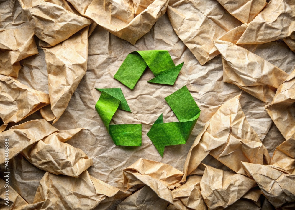 Crumpled and folded paper texture, with 8 layers of recycling symbol ...