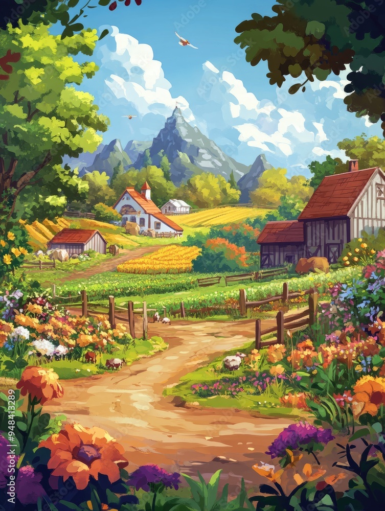 Ilustrace 2D cartoon style farm search game featuring a rural landscape ...