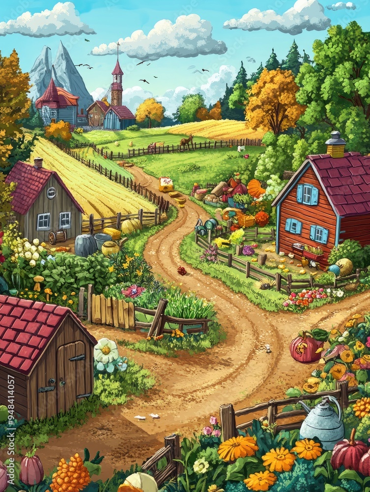 2D cartoon style farm search game featuring a rural landscape Find ...