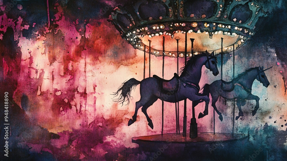 Eerie Watercolor Haunted Carousel with Ghostly Horses and Broken Lights ...