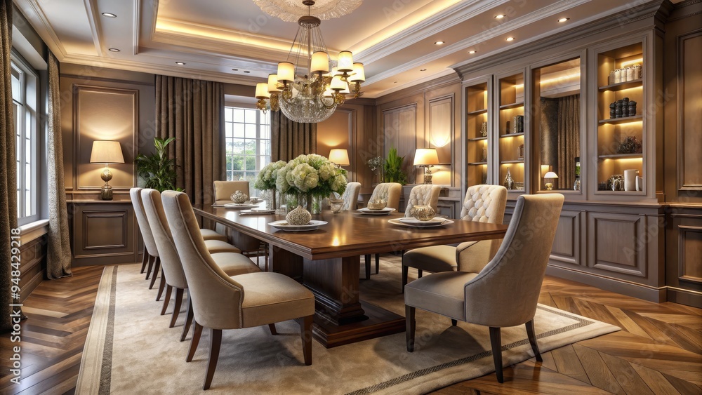 Elegant formal dining room setting with a refined wooden table ...