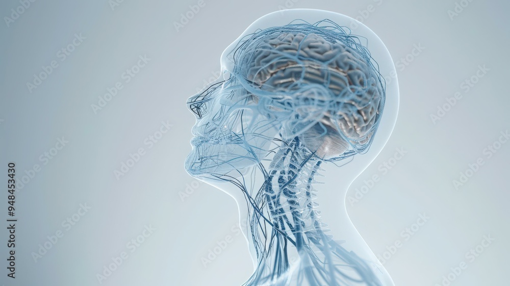 human brain anatomy with blood vessels, bones spine, inside a ...
