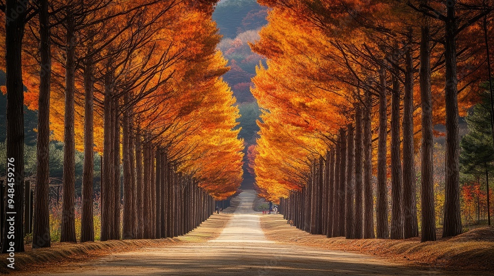 Nature's Pathway: Damyangaes metasequoia tree-lined road, Korea, with ...