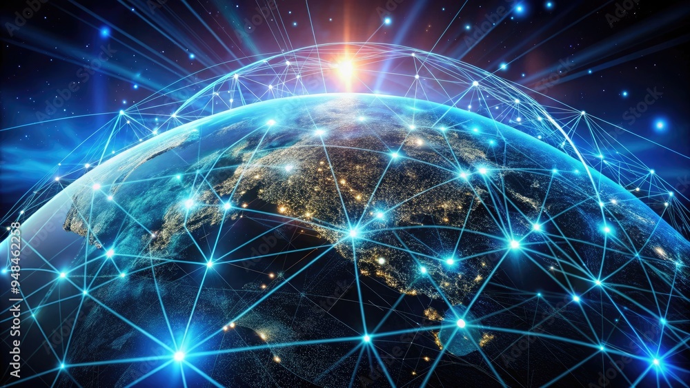 Global network of interconnected lines, circuits, and nodes forming a ...