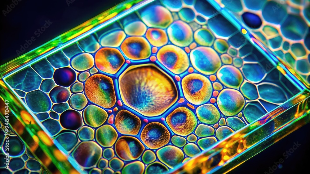 High-contrast microscopic image of a laboratory sample on a glass slide ...