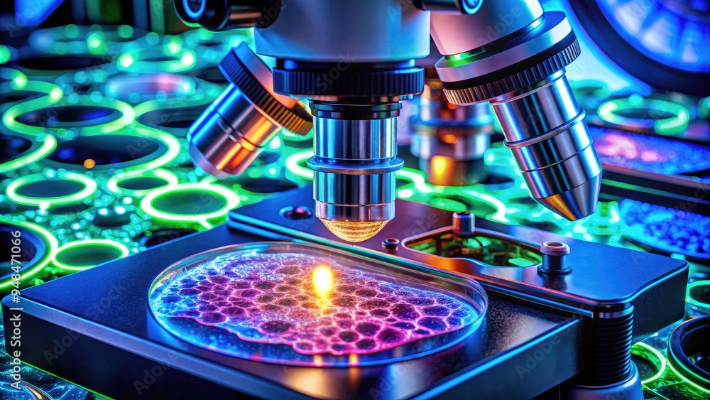 High-contrast microscopic image of cellular structures undergoing fluorescence staining ...