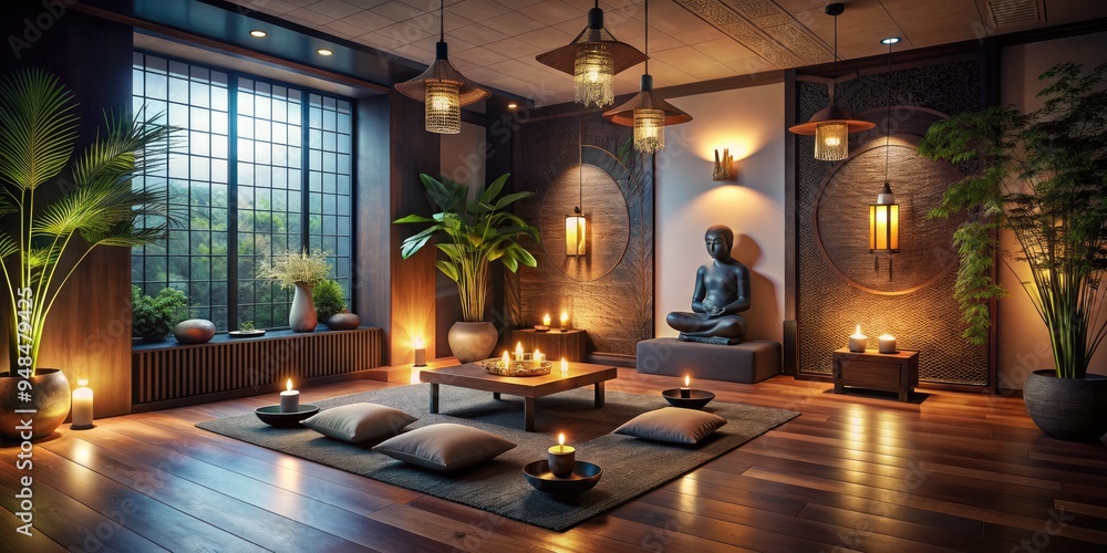 Inner Sanctum of Serenity: Dim lighting, deep hues, meditative symbols ...