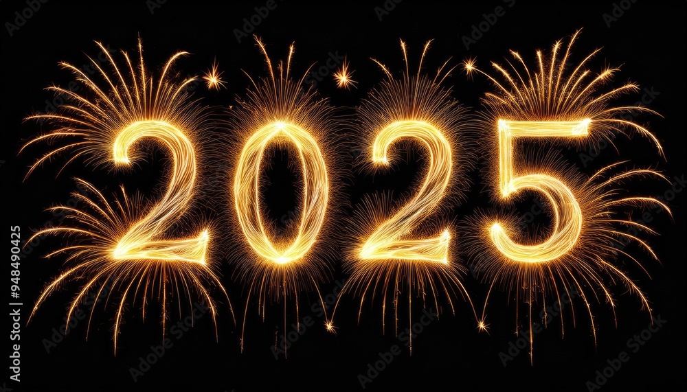 Sparkler 2025 text colorful firework illumination on dark blue sky ...