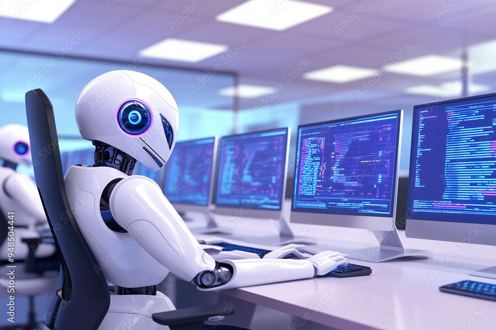Artificial intelligence robots working in an office, data center with computers and screens ...